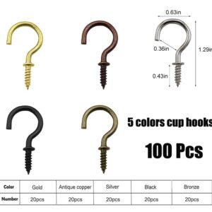 IDEALSV 100 Pcs Cup Hooks 7/8 Inch Screw Ceiling Hooks Christmas Lights Hooks Patio Hanging Hooks Jewelry Hooks 5 Colors Gold,Bronze,Black,Antique Copper,Silver