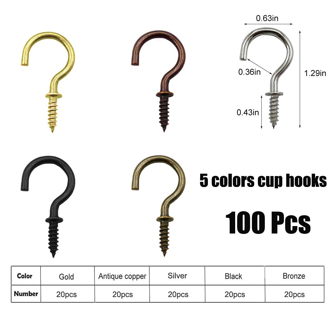 IDEALSV 100 Pcs Cup Hooks 7/8 Inch Screw Ceiling Hooks Christmas Lights Hooks Patio Hanging Hooks Jewelry Hooks 5 Colors Gold,Bronze,Black,Antique Copper,Silver