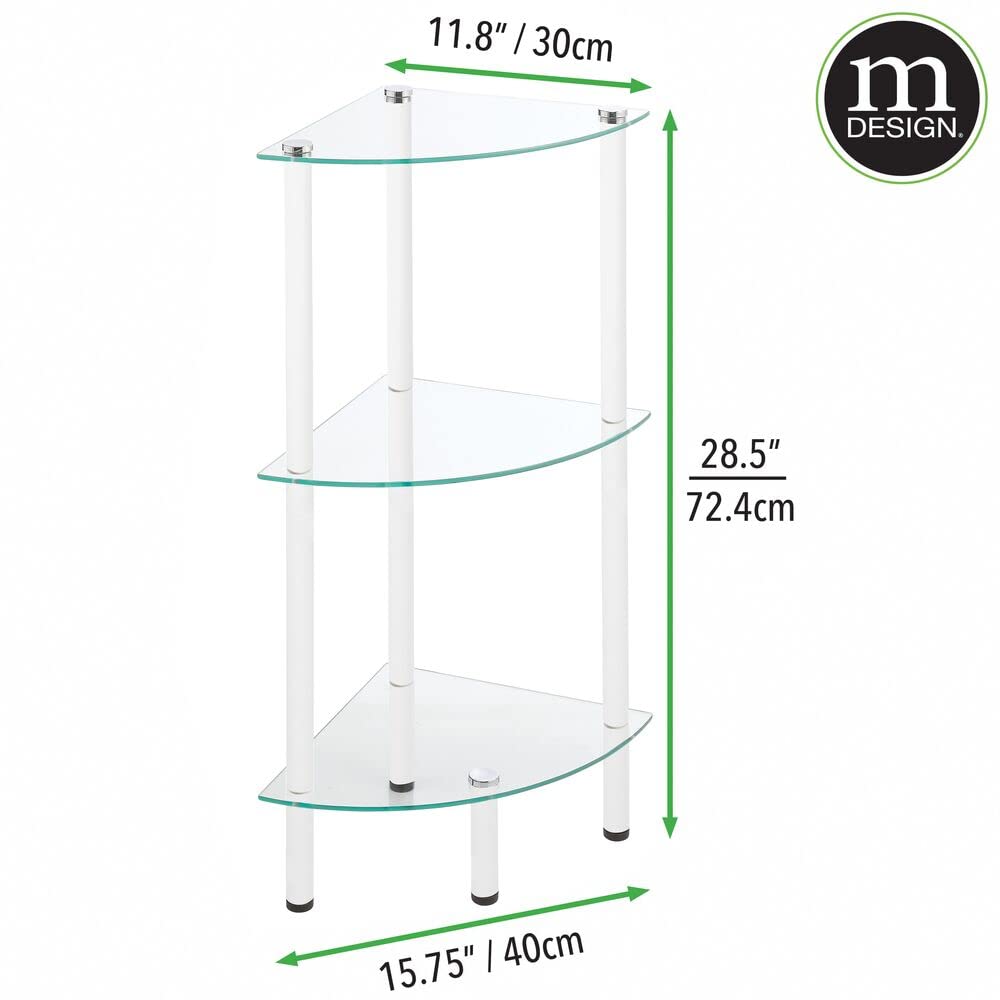 mDesign Modern Glass Corner 3-Tier Storage Organizer Tower Cabinet with Open Shelves - Household Furniture for Bathroom, Office, Bedroom, Living Room - Holds Books, Plants, Candles - White/Clear