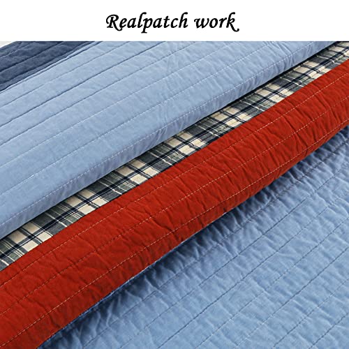 Cozy Line Home Fashions Navy Blue Red Striped Boy 100% Cotton Reversible Quilt Bedding Set, Reversible Coverlet, Bedspread (Varsity, Queen - 3 Piece)