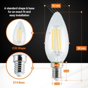 BlueStars Christmas Decoration C35 E14 European Base LED Bulb 4W (40W Equivalent), 2700K Warm White 450lm, C35 Clear Torpedo Shape Bullet Top for Chandeliers, Ceiling Fan, Wall sconces - 6 Packs