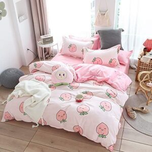 Cartoon Duvet Cover Set Twin Pink Peach Bedding Set Kid Kawaii Bedding Set Girl Lovely Peach Comforter Cover Cute Fruits Quilt Cover Tropical Plant Bedding Reversible Soft Bedspread Cover Room Decor