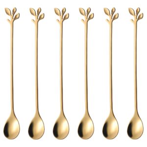 ansaw 6.5" elegant leaf-design gold coffee & tea spoons set of 6- long handle stainless steel stirring spoons for espresso, iced tea - ideal coffee bar accessories