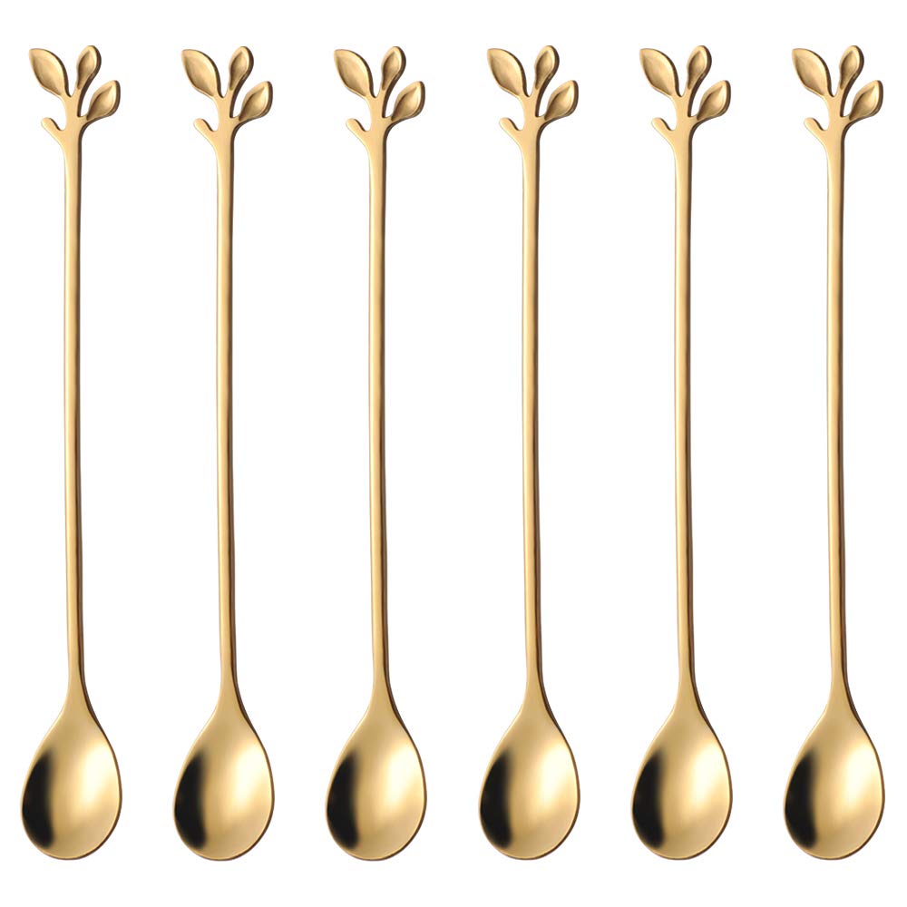 AnSaw 6.5" Elegant Leaf-Design Gold Coffee & Tea Spoons Set of 6- Long Handle Stainless Steel Stirring Spoons for Espresso, Iced Tea - Ideal Coffee Bar Accessories