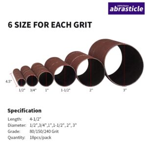 18 Pack Spindle Sander Sleeves, Sanding Sleeves for Oscillating Sander, 80 150 240 Assorted Grit Sandpaper, 4-1/2" Length, 1/2",3/4",1",1-1/2", 2", 3" Diameter