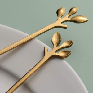 AnSaw 6.5" Elegant Leaf-Design Gold Coffee & Tea Spoons Set of 6- Long Handle Stainless Steel Stirring Spoons for Espresso, Iced Tea - Ideal Coffee Bar Accessories