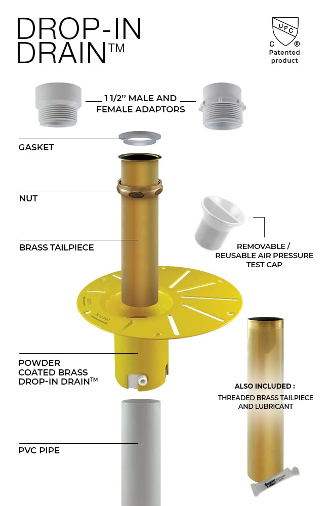 DROP-IN DRAIN Installation Kit for Freestanding Bathtub - with White PVC Pipe and brass pipes