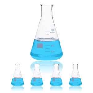 Maccx 16.9oz(500ml) Narrow-Mouth Sturdy Glass Erlenmeyer Flask, 3.3 Borosilicate with Printed Graduation, Pack of 4, EFN500-004