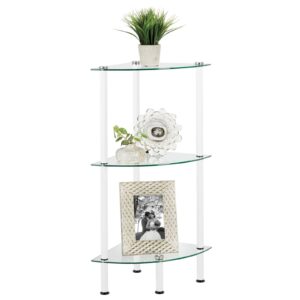 mdesign modern glass corner 3-tier storage organizer tower cabinet with open shelves - household furniture for bathroom, office, bedroom, living room - holds books, plants, candles - white/clear