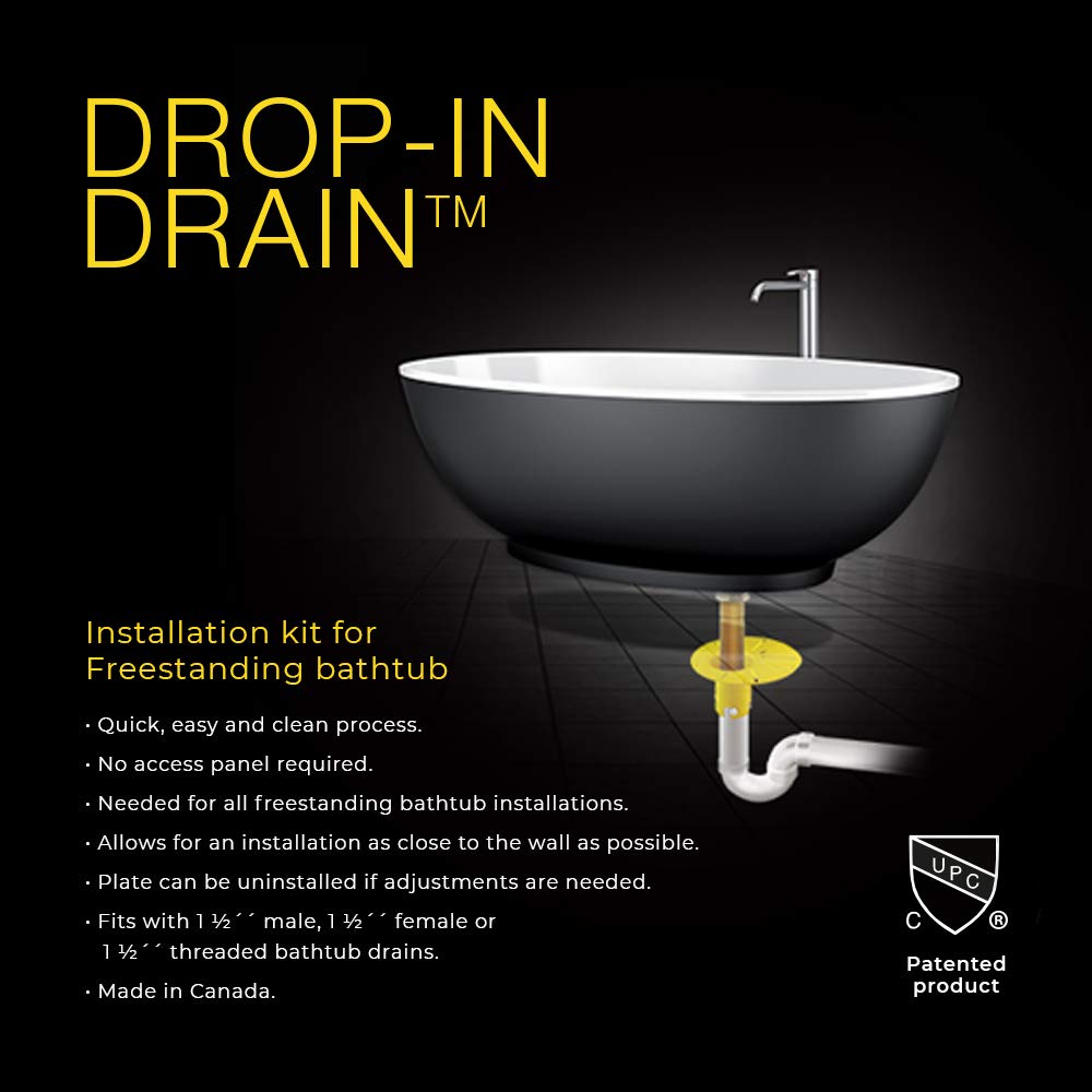 DROP-IN DRAIN Installation Kit for Freestanding Bathtub - with White PVC Pipe and brass pipes