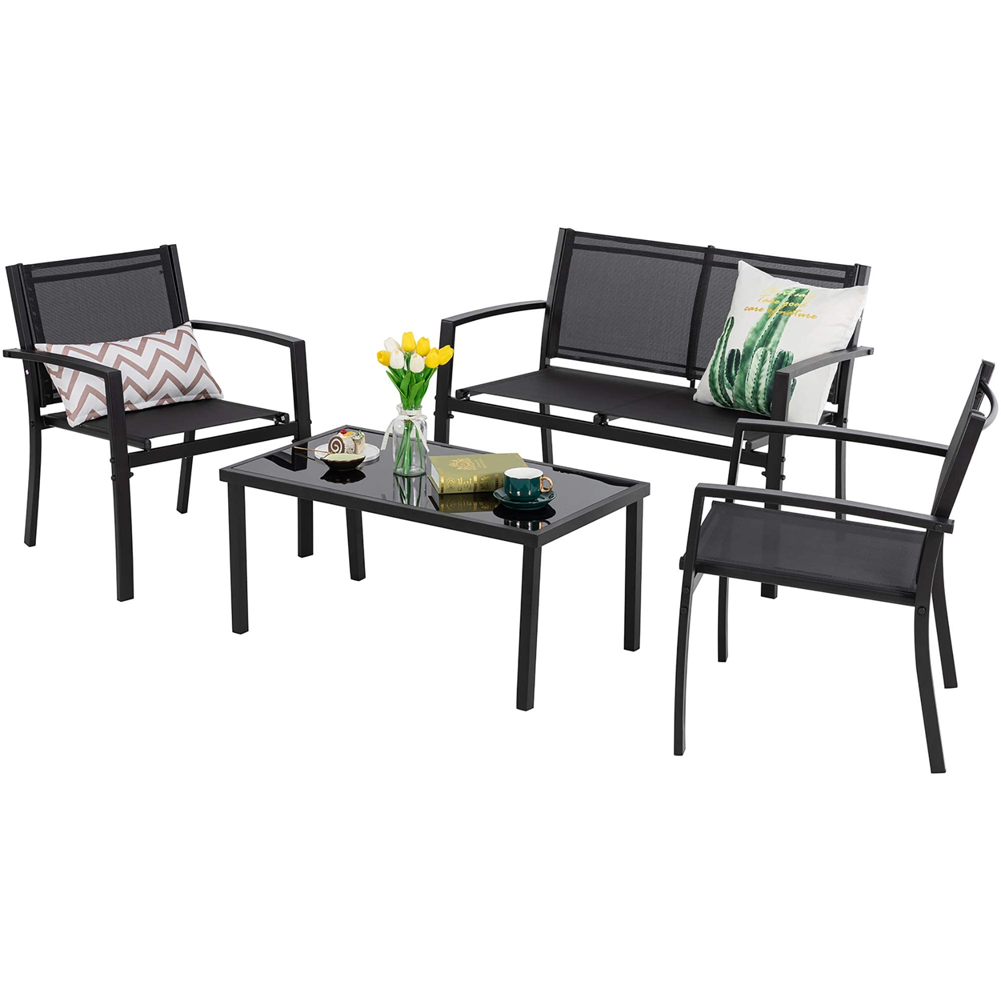 Meilocar 4 Pieces Patio Furniture, Textilene Metal Outdoor Furniture Set, Modern Conversation Set with Loveseat Tea Table, Small Outdoor Patio Chat Set for Backyard, Porch, Lawn and Balcony (Black)