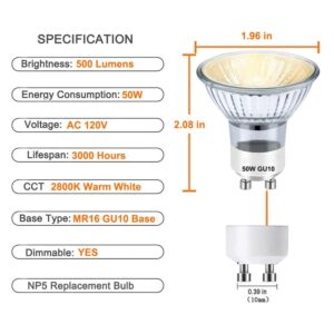 MXQFG (4 Pack) GU10 Halogen Light Bulb,Warm White, Dimmable, GU10/ 120V 50W Halogen Light Bulbs, MR16 Light Bulb with Glass Cover