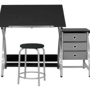 SD STUDIO DESIGNS 2 14 Piece Comet Center Plus, Craft Table and Matching Stool Set with Storage and Adjustable Top, 50x23.75x29.5 inches, Silver/Black