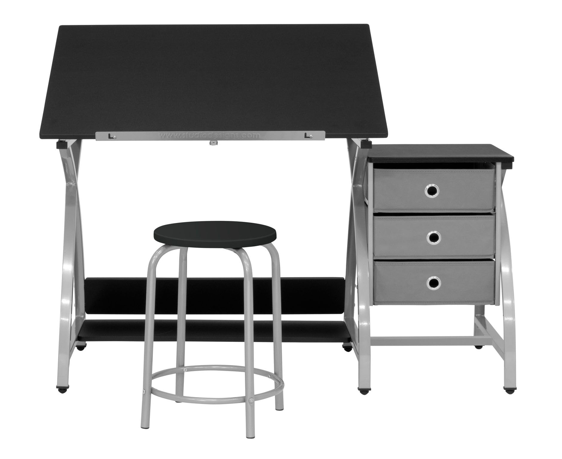 SD STUDIO DESIGNS 2 14 Piece Comet Center Plus, Craft Table and Matching Stool Set with Storage and Adjustable Top, 50x23.75x29.5 inches, Silver/Black