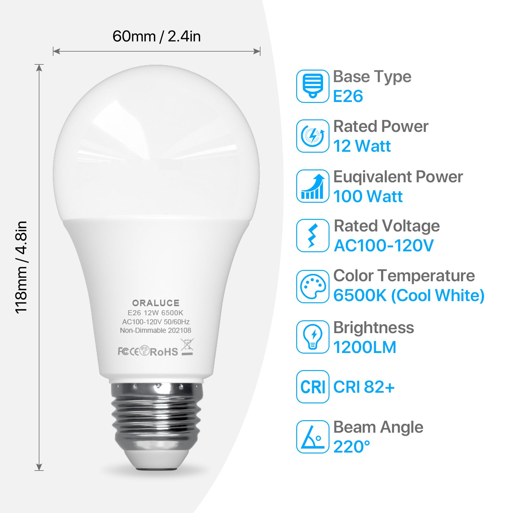 ORALUCE LED Light Bulb, A19 12W Lightbulbs, 100 Watt Equivalent, 120V 1200LM, 6500K Cool White, E26 Medium Base, Non Dimmable, Energy Efficient, UL Listed, 6 Pack