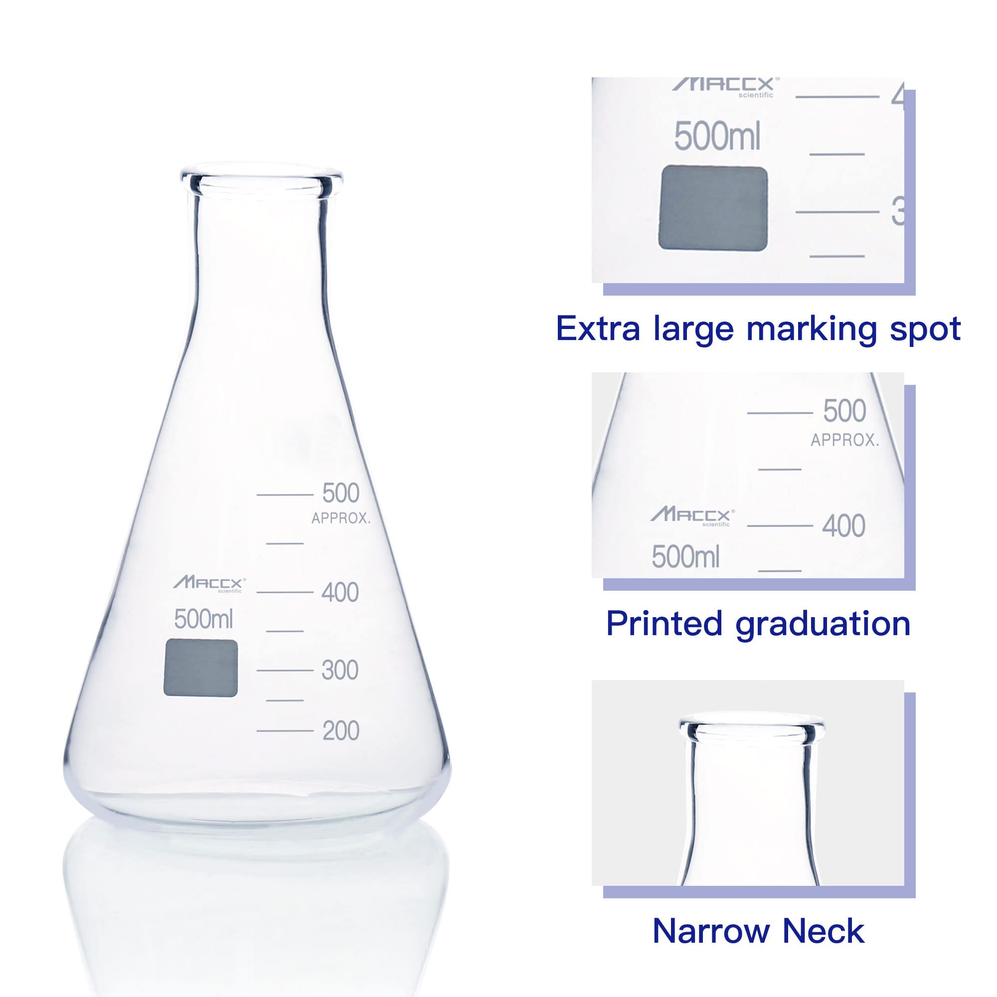 Maccx 16.9oz(500ml) Narrow-Mouth Sturdy Glass Erlenmeyer Flask, 3.3 Borosilicate with Printed Graduation, Pack of 4, EFN500-004