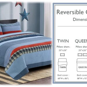 Cozy Line Home Fashions Navy Blue Red Striped Boy 100% Cotton Reversible Quilt Bedding Set, Reversible Coverlet, Bedspread (Varsity, Queen - 3 Piece)