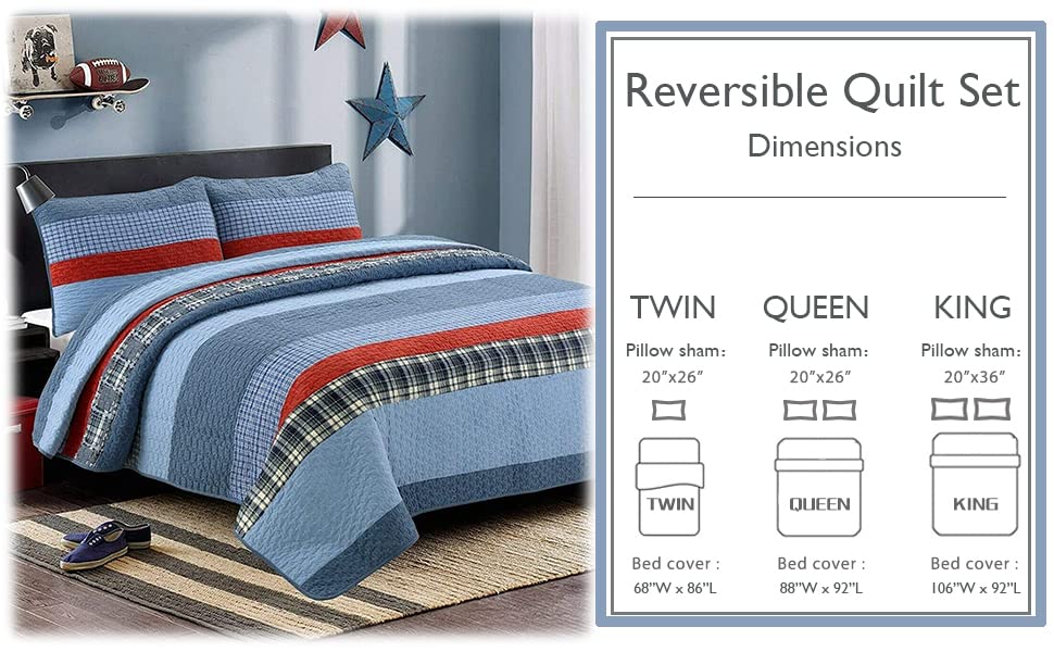 Cozy Line Home Fashions Navy Blue Red Striped Boy 100% Cotton Reversible Quilt Bedding Set, Reversible Coverlet, Bedspread (Varsity, Queen - 3 Piece)