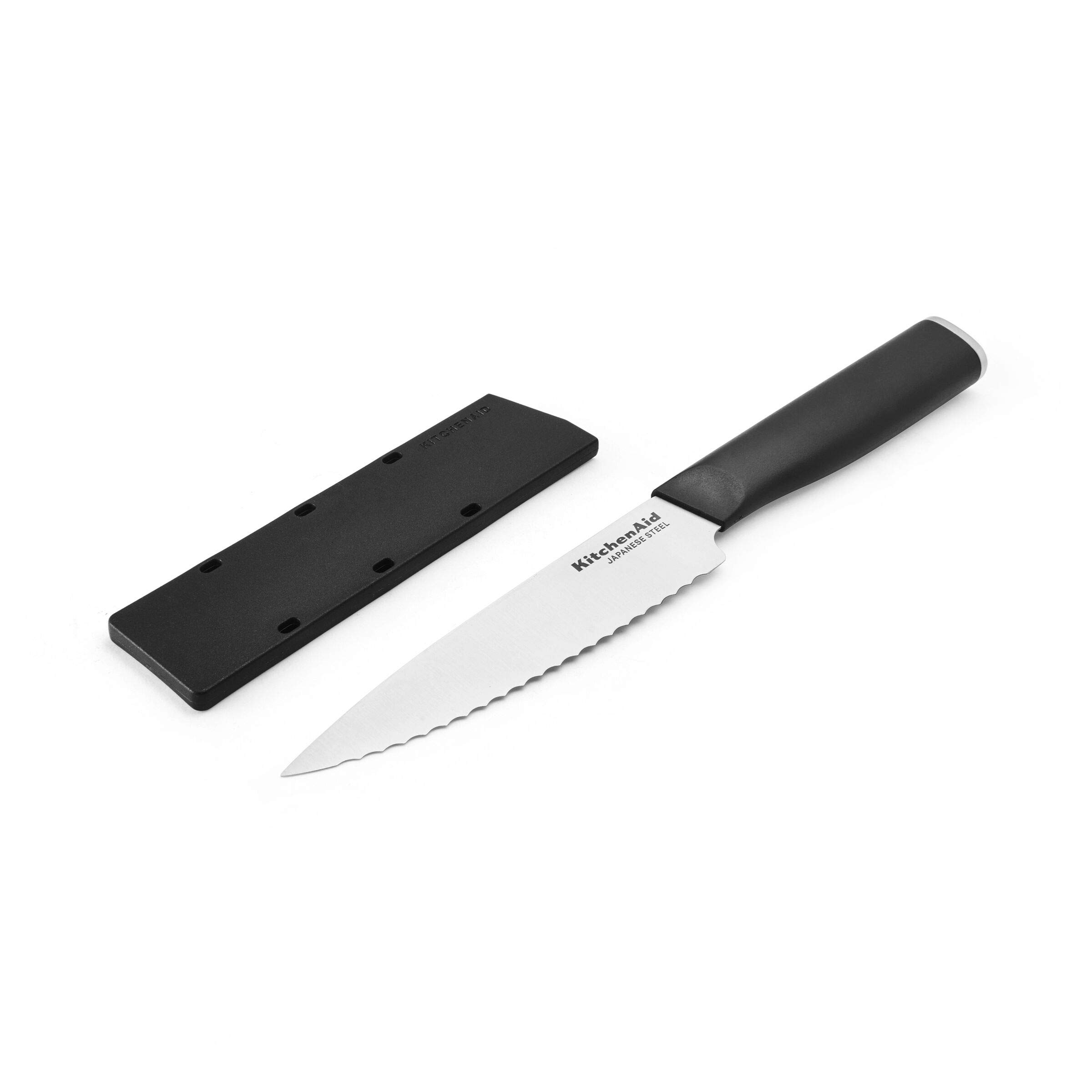 KitchenAid Classic Serrated Utility Knife with Custom Fit Blade Cover, 8 inch, Sharp Kitchen Knife, High Carbon Japanese Stainless Steel Blade, Black