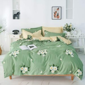 jormey duvet cover full chrysanthemum, all season 3 pieces soft and lightweight quilt cover green bedding set, 1 duvet cover and 2 pillow shams, zipper closure (80” x 90”)