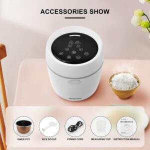 Mishcdea Small Rice Cooker 3-Cup Uncooked, Mini Rice Cooker Ceramic Nonstick for 1-2 People, Multi Menus with Smart Touch Screen, Timer & Warmer, for Quinoa, Oats and Grains, White