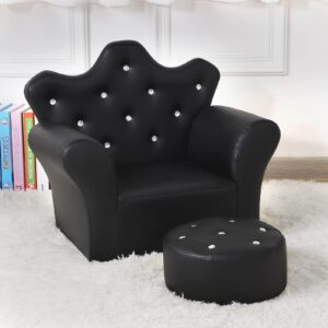 Kids Sofa Chair with Ottoman Set, PVC Leather Kids Armchair with Footstool, Small Toddler Couch with Wooden Frame for 1-4 Years Old Children,L22 *W15 *H18 (Black)