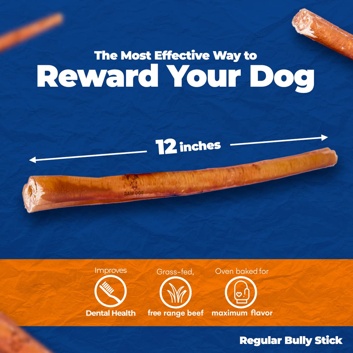 Raw Dog Bully Sticks All-Natural Dog Treats,12IN Regular Size, 1pk - Premium Odor Free Dog Chews, 100% Beef, Grass Fed, Non-GMO