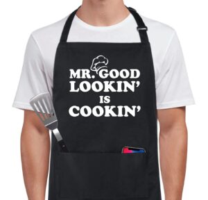 xornis 100% cotton funny aprons for men mr. good looking is cooking kitchen grill bbq adjustable bib aprons with 2 pockets gifts for dad father's day birthday anniversary