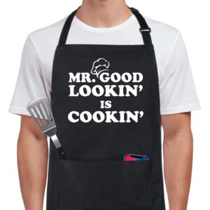 Xornis 100% Cotton Funny Aprons for Men Mr. Good Looking is Cooking Kitchen Grill BBQ Adjustable Bib Aprons with 2 Pockets Gifts for Dad Father's Day Birthday Anniversary