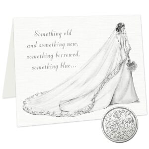 old sixpence coin and wedding card for bride, something old, something new, something borrowed, something blue, and a sixpence for her shoe. (1953)