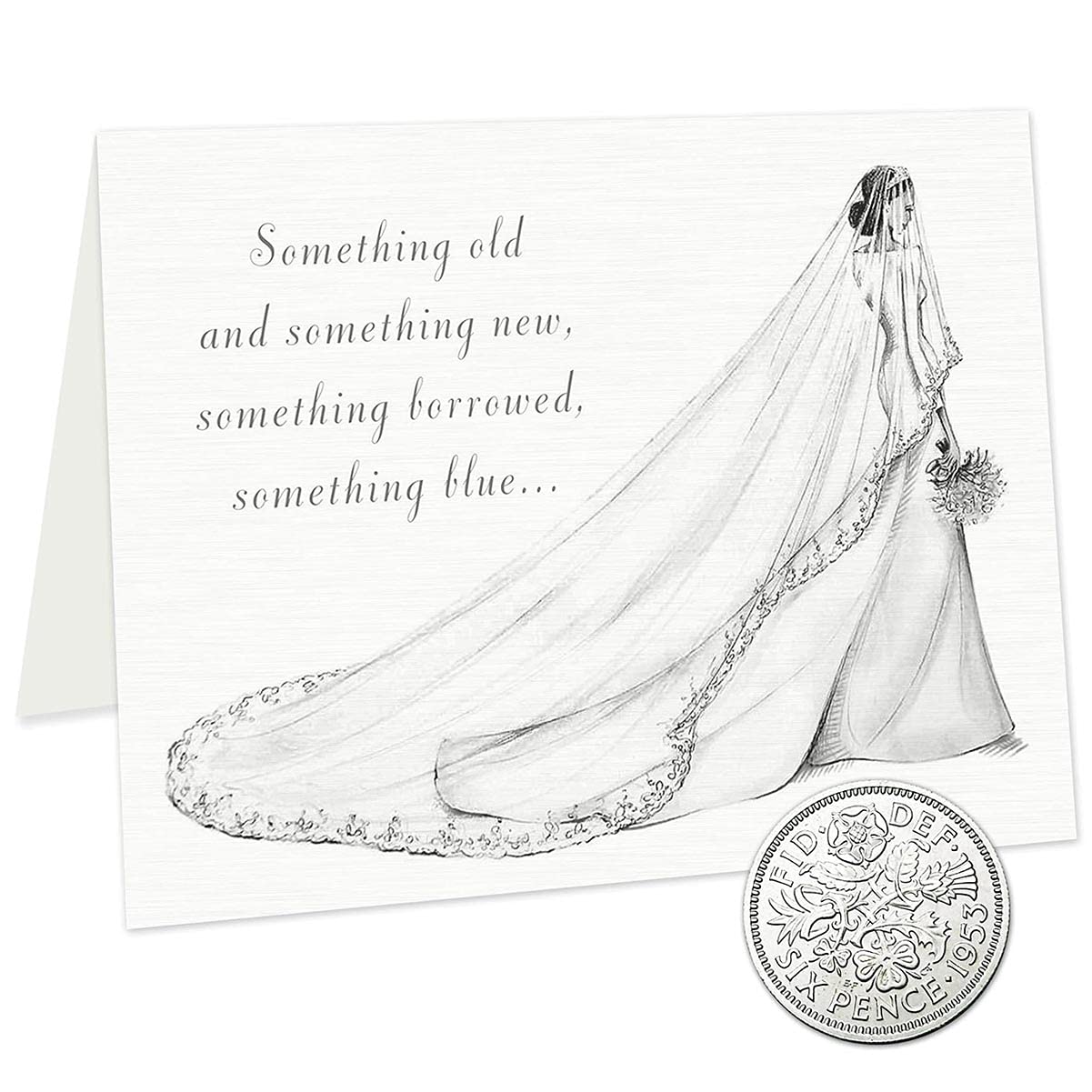 Old Sixpence Coin and Wedding Card for Bride, Something Old, Something New, Something Borrowed, Something Blue, and a Sixpence for Her Shoe. (1953)