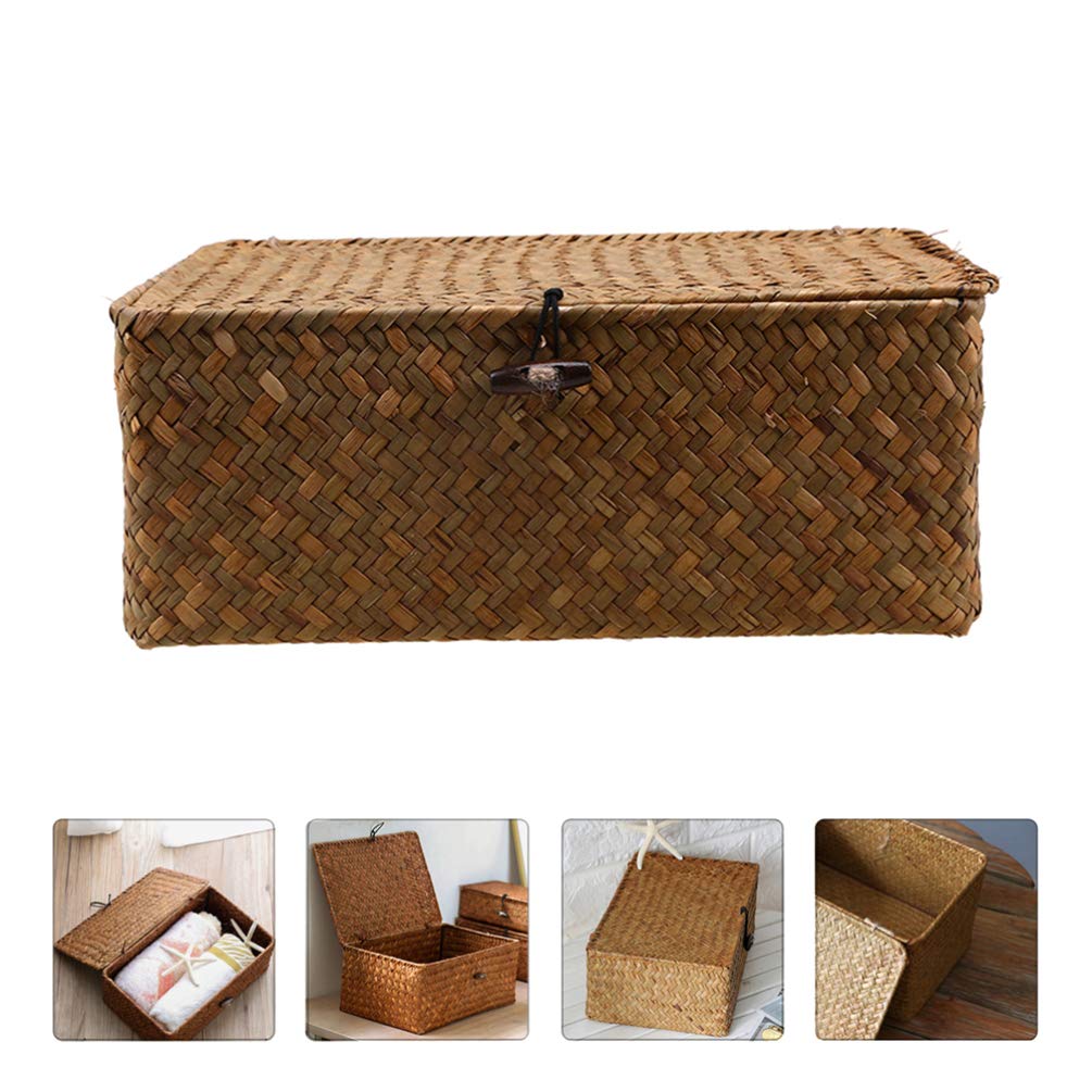 Cabilock 1pc Straw Storage Box Wicker Storage Basket Stacking organizing Basket Seagrass Storage Basket Woven Storage Bins Basket Organizer Cutlery Basket Desktop Natural Seagrass