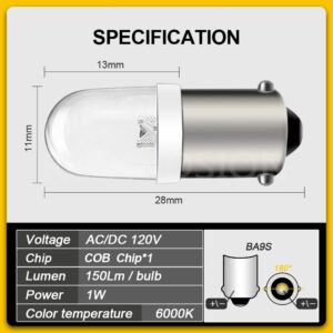 Ruiandsion 10pcs BA9S LED Bulb 120V AC/DC LED 9mm BA9s Base LED Replacement Bulb for Indicator Pilot Light,White