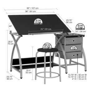 SD STUDIO DESIGNS 2 14 Piece Comet Center Plus, Craft Table and Matching Stool Set with Storage and Adjustable Top, 50x23.75x29.5 inches, Silver/Black