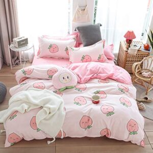 cartoon duvet cover set twin pink peach bedding set kid kawaii bedding set girl lovely peach comforter cover cute fruits quilt cover tropical plant bedding reversible soft bedspread cover room decor