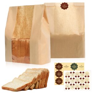 Funcoo 100 Pcs Paper Bread Bags for Home Bread Sourdough Bread Bakery Storage Bags with Window，Large Bakery Bread Loaf Bags for Baked Goods Packaging，Label Seal Sticker Included …