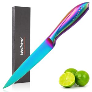 wellstar rainbow kitchen utility knife 5 inch, super sharp fine edge fruit vegetable slicing knife with german stainless steel forged blade and titanium coating – small multipurpose knife