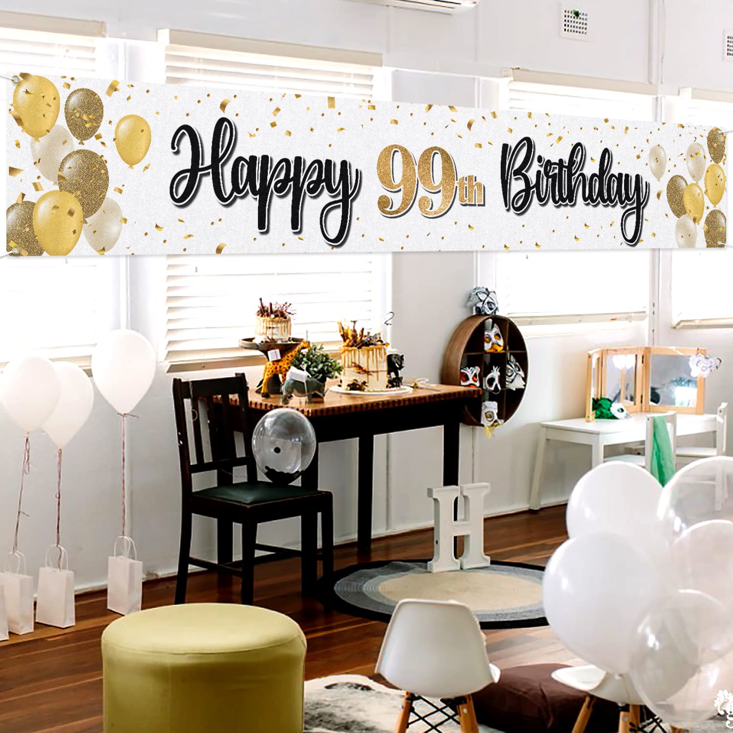 LASKYER Happy 99th Birthday Decorations,99th Gold Balloon Large Birthday Hanging Banner Sign,99 Years Old Bday Party Supplies.