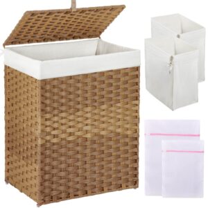 greenstell laundry hamper with lid, 90l clothes hamper with 2 removable liner bags & 2 mesh laundry bags, handwoven synthetic rattan laundry basket for clothes, toys in bathroom, bedroom natural