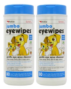 petkin jumbo pet eye wipes, 80 extra moist wipes, 2 pack - natural formula gently removes dirt, discharge, & tear stains - safe, convenient, & easy to use pet wipes for dogs, cats, puppies & kittens