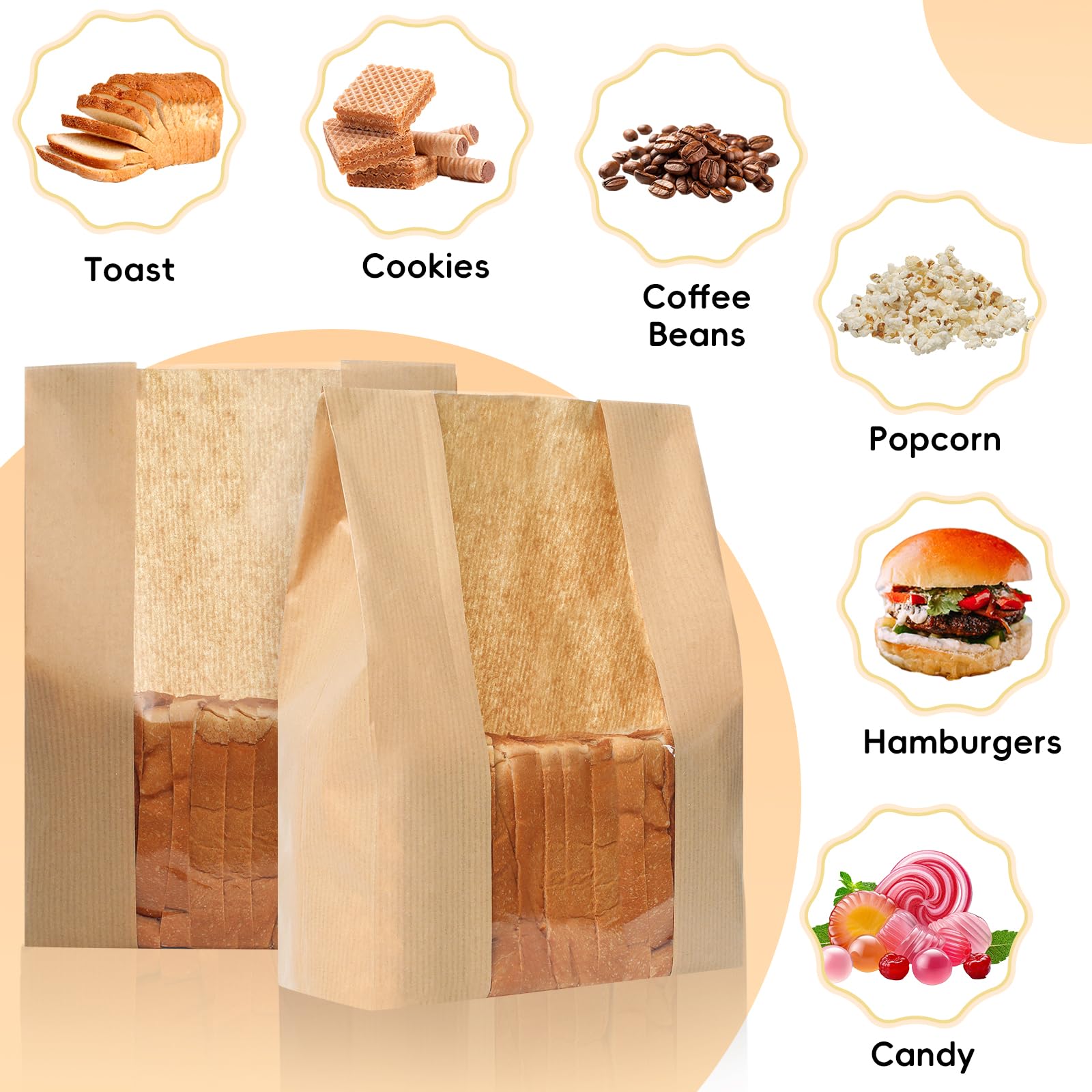 Funcoo 100 Pcs Paper Bread Bags for Home Bread Sourdough Bread Bakery Storage Bags with Window，Large Bakery Bread Loaf Bags for Baked Goods Packaging，Label Seal Sticker Included …