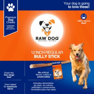 raw dog bully sticks all-natural dog treats,12in regular size, 1pk - premium odor free dog chews, 100% beef, grass fed, non-gmo