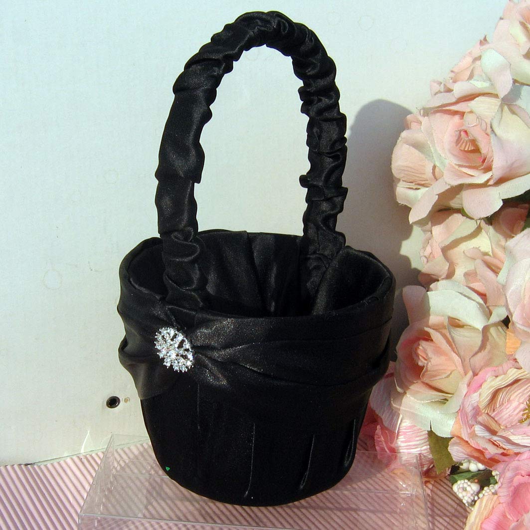 Black Wedding Flower Girl Basket Elegant Rhinestone Bride Flower Basket with Handle Candy Petal Storage Container Wedding Party Banquet Decorative Supplies Wedding Ceremony Romantic Decor