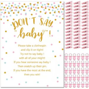 don't say baby shower clothespin game for girl includes 8x11 standing sign, 60 mini pink clothes pin, 60 mini pacifiers