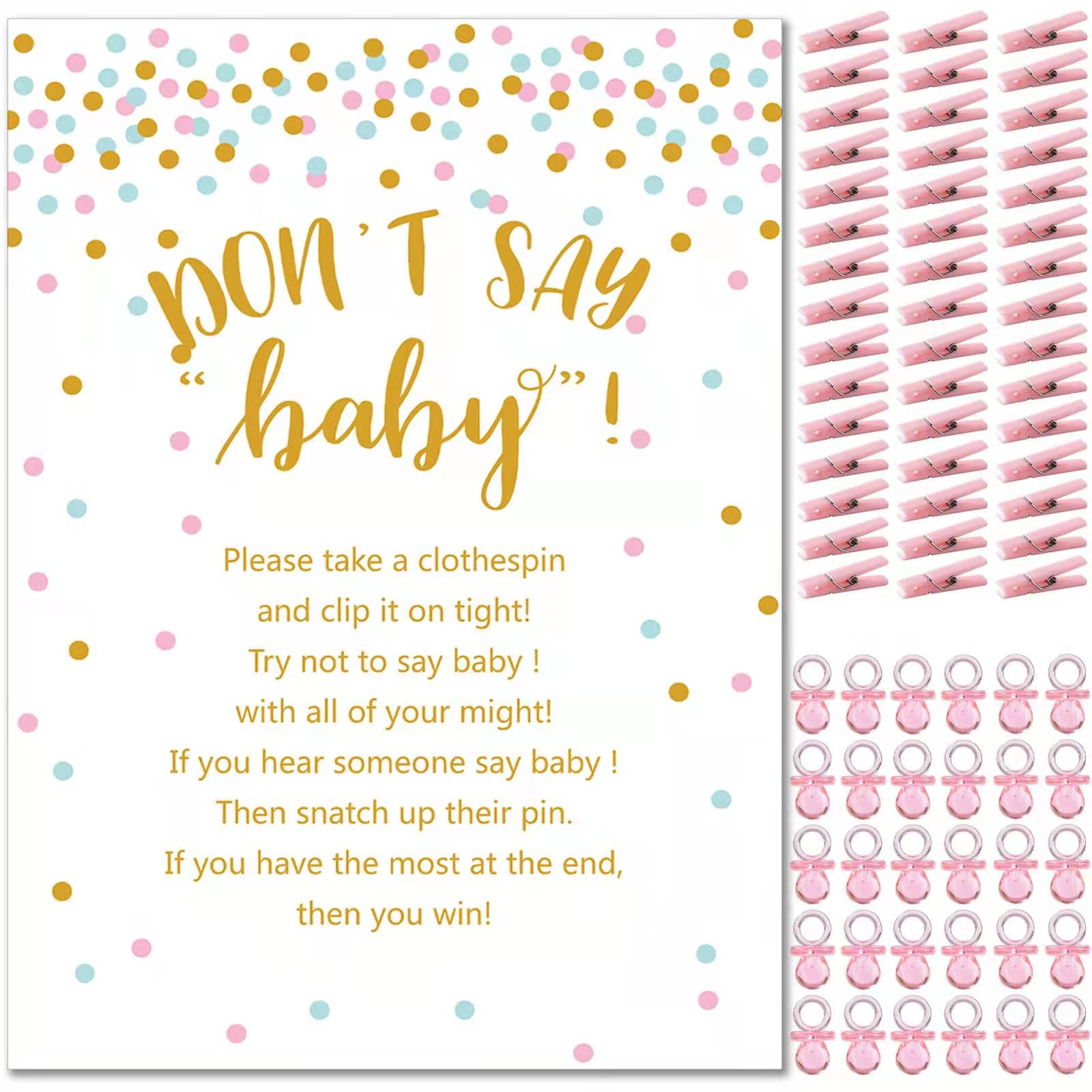 Don't Say Baby Shower Clothespin Game for Girl Includes 8x11 Standing Sign, 60 Mini Pink Clothes Pin, 60 Mini Pacifiers