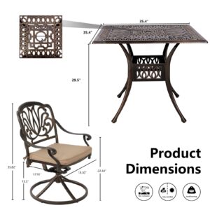 Grepatio 5 Piece Cast Aluminum Patio Dining Set Outdoor Furniture Set Patio Garden Set with 4 Swivel Rocker Ding Chairs, 4 Cushions and 35.4" Square Patio Table 2.4" Umbrella Hole (Khaki)