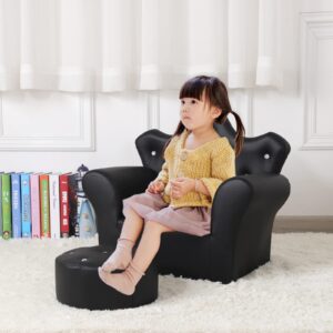 Kids Sofa Chair with Ottoman Set, PVC Leather Kids Armchair with Footstool, Small Toddler Couch with Wooden Frame for 1-4 Years Old Children,L22 *W15 *H18 (Black)