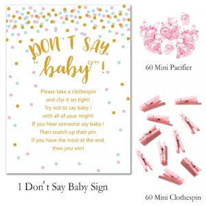 Don't Say Baby Shower Clothespin Game for Girl Includes 8x11 Standing Sign, 60 Mini Pink Clothes Pin, 60 Mini Pacifiers