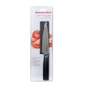 KitchenAid Classic Serrated Utility Knife with Custom Fit Blade Cover, 8 inch, Sharp Kitchen Knife, High Carbon Japanese Stainless Steel Blade, Black