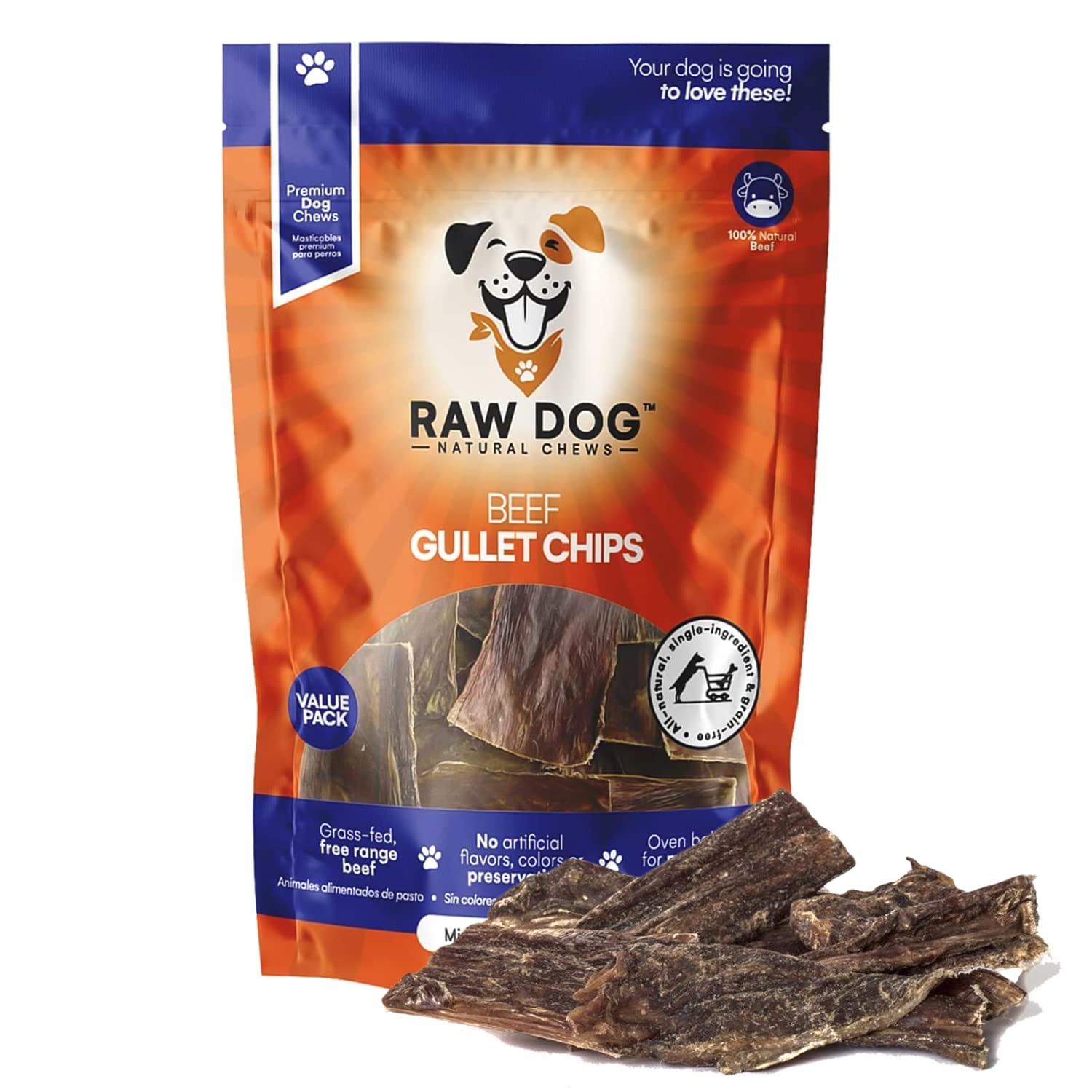 Raw Dog Beef Gullet Chips All-Natural Dog Treats, 8 oz. Bag - Premium Odor Free Dog Chews, 100% Beef, Grass Fed, Non-GMO